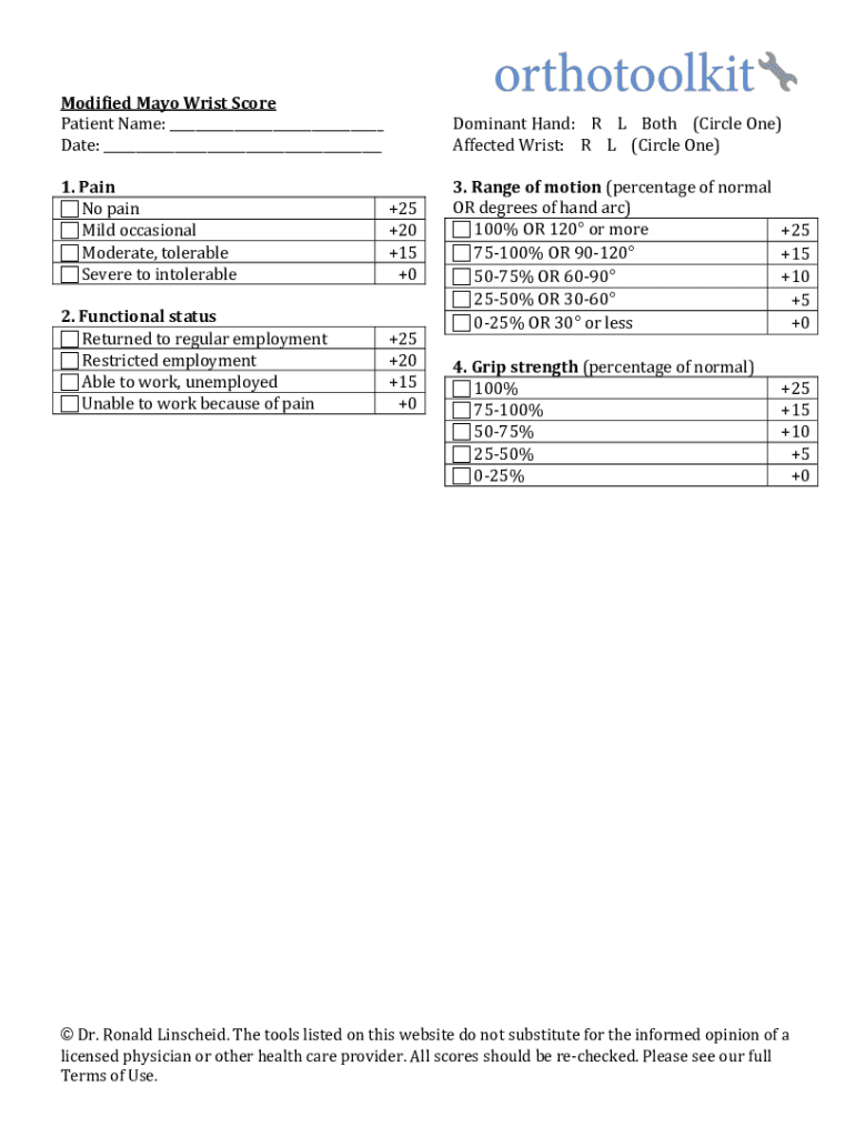 Fillable Online Modified Mayo Wrist Score.docx Fax Email Print - pdfFiller