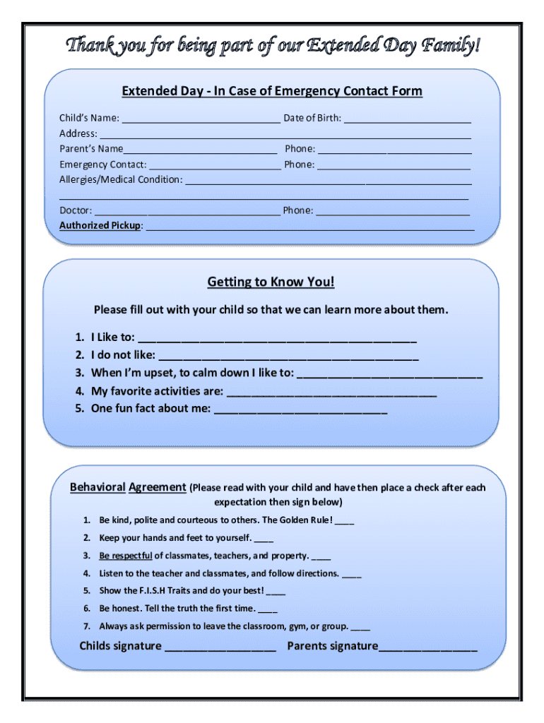 Fillable Online Thank you for being part of our Extended Day Family! Fax Email Print - pdfFiller