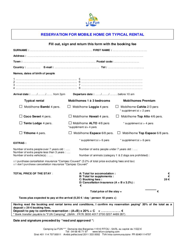 Fillable Online RESERVATION FOR MOBILE HOME OR TYPICAL RENTAL Fax Email ...