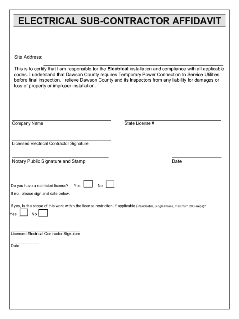 Fillable Online Electrical Sub-ConTRACTOR Affidavit - dawsoncountyga ...