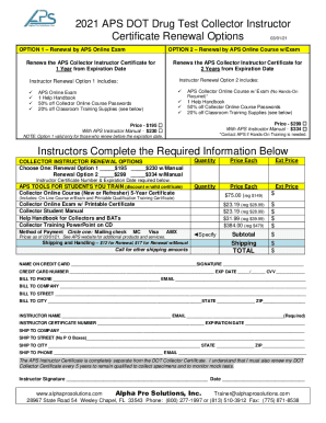 Fillable Online 2021 APS DOT Drug Test Collector Instructor Certificate ...