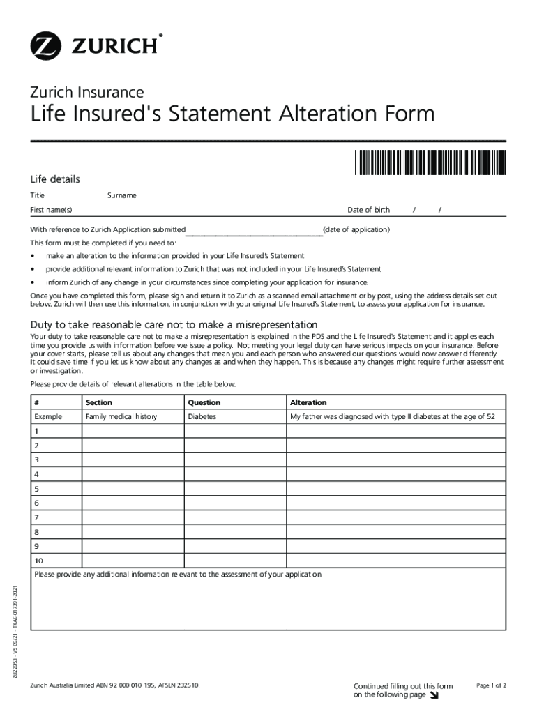 Fillable Online Life Insured's Statement Alteration Form Fax Email ...