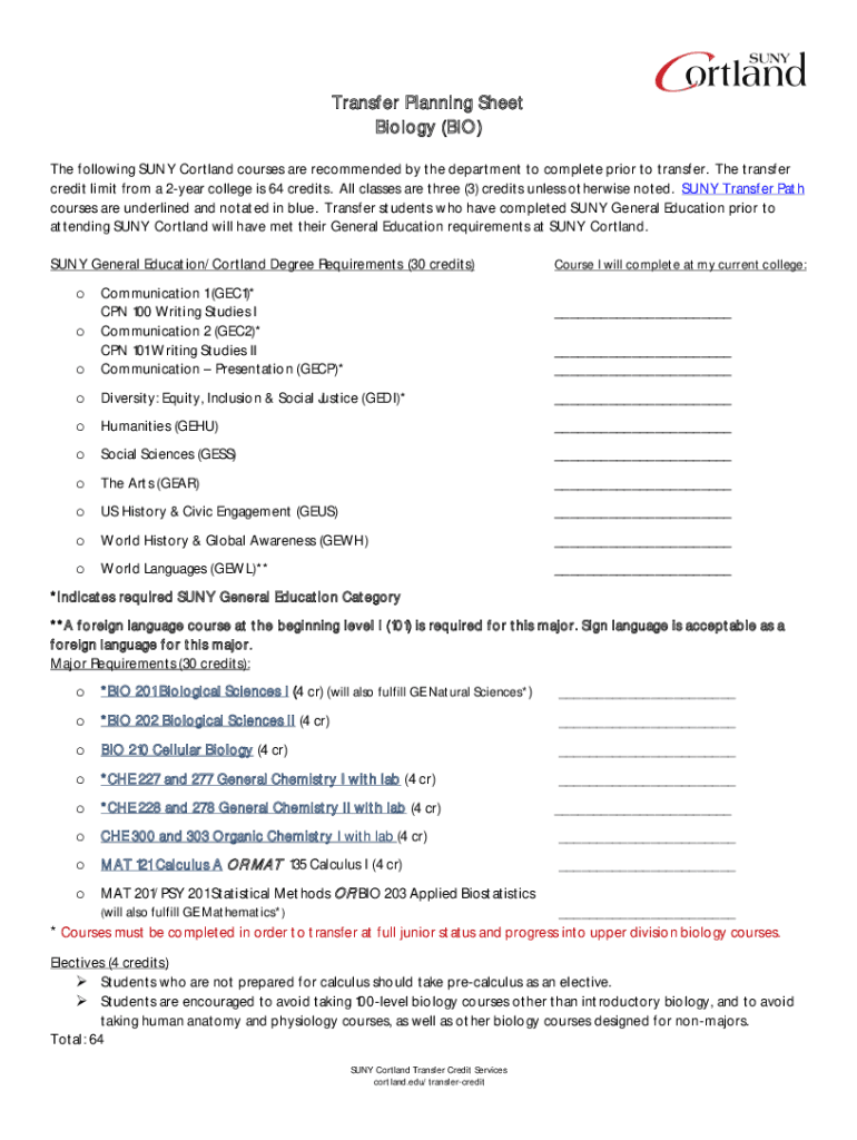Fillable Online www2 cortland Transfer Planning Sheet Conservation Biology (CON) Fax Email Print ...