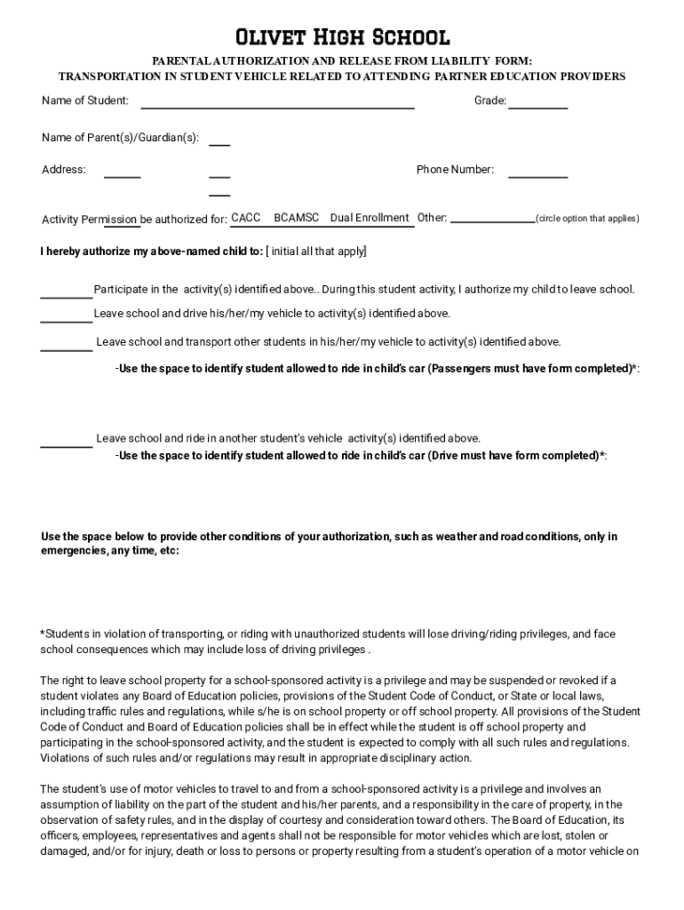 Fillable Online OHS Student Transportation Authorization Fax Email ...