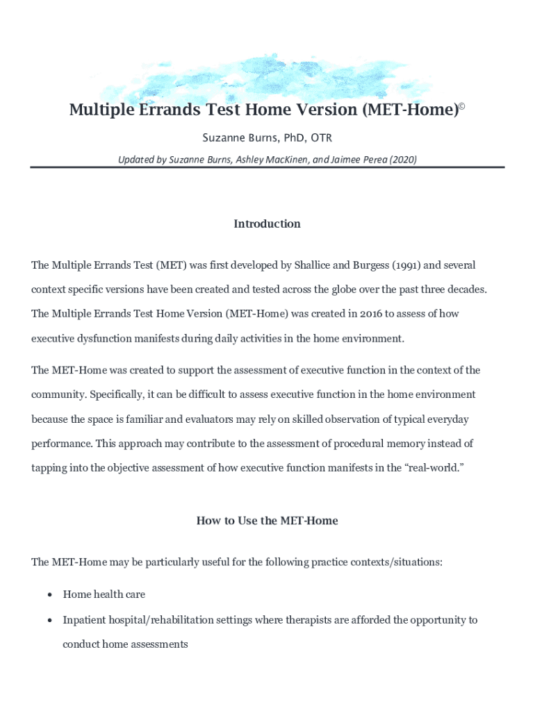 Fillable Online Multiple Errands Test Home Version (MET-Home) Fax Email ...