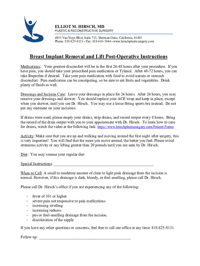 Fillable Online Explant lift post op instructions Fax Email Print ...
