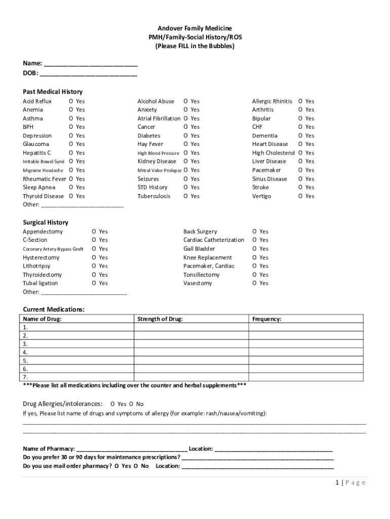 Fillable Online PMH/Family-Social History/ROS (Please FILL in the ...