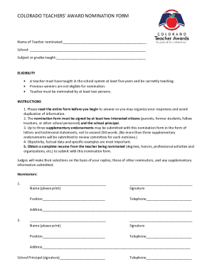 Fillable Online COLORADO TEACHERS' AWARD NOMINATION FORM Fax Email ...