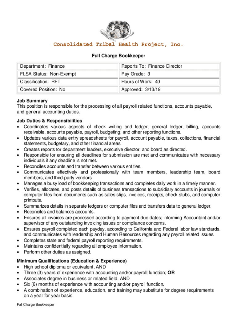 Fillable Online Full Charge Bookkeeper - Job Description. Full Charge ...