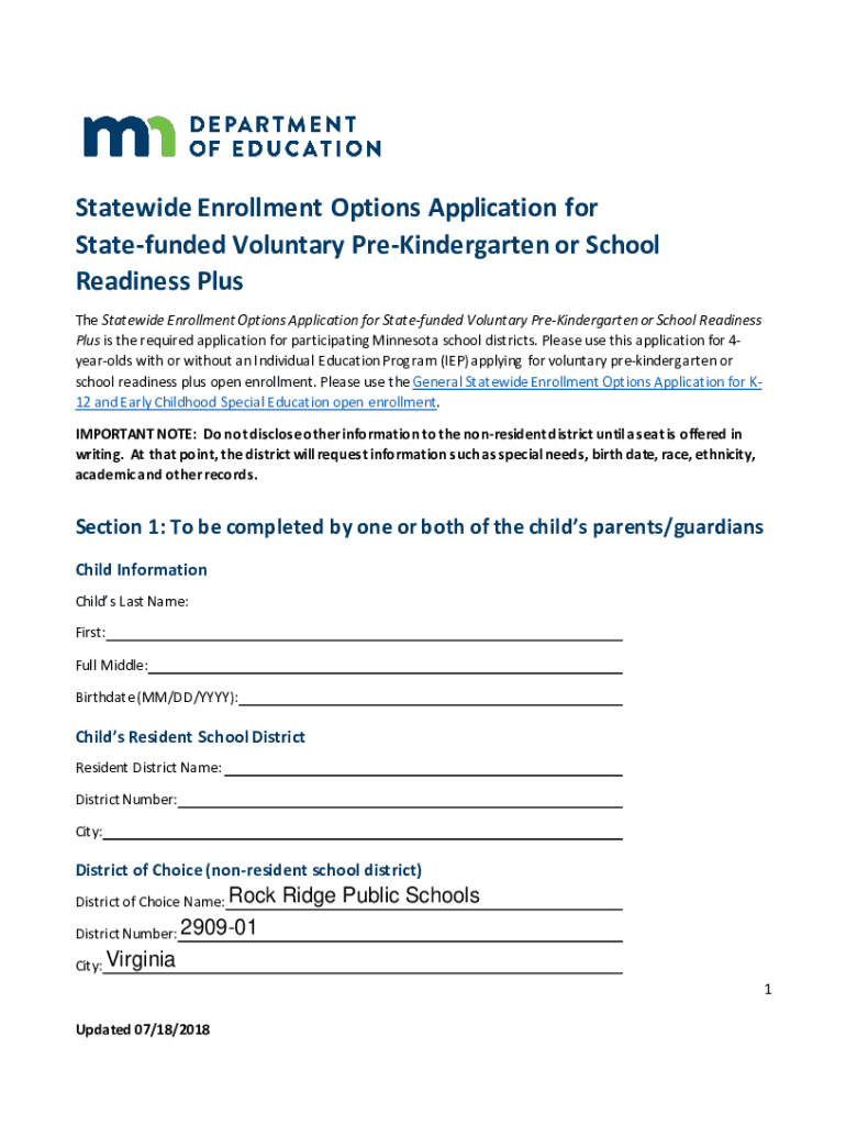 Fillable Online Minnesota Statewide Enrollment Options Application for ...