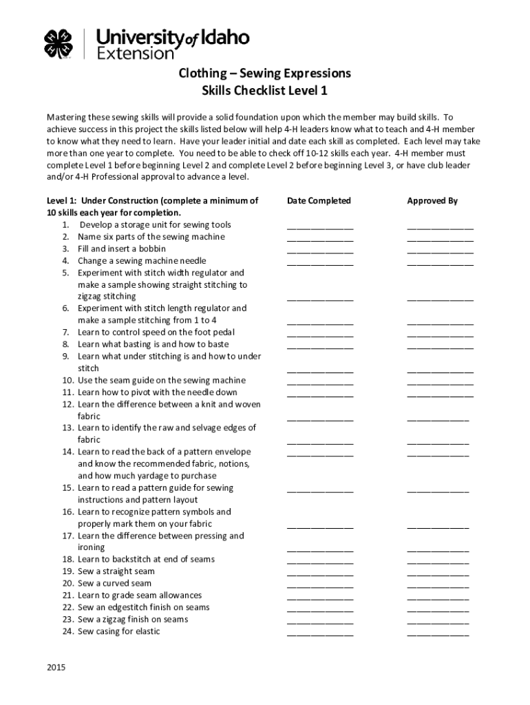 Fillable Online Sewing Expressions Skills Checklist Level 3Refine ...