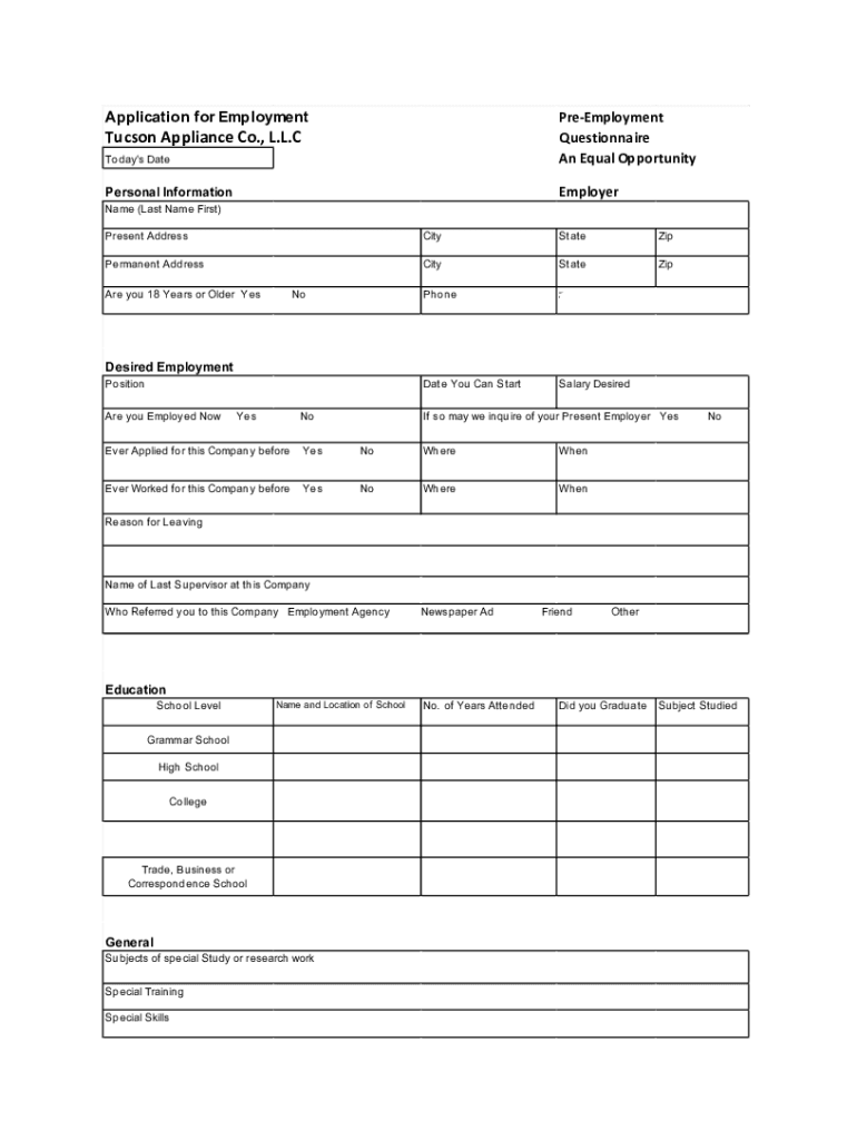 Fillable Online Application for Employment Pre-Employment Fax Email ...