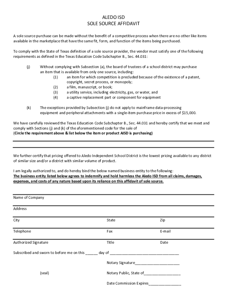 Fillable Online ALEDO ISD SOLE SOURCE AFFIDAVIT Fax Email Print - pdfFiller