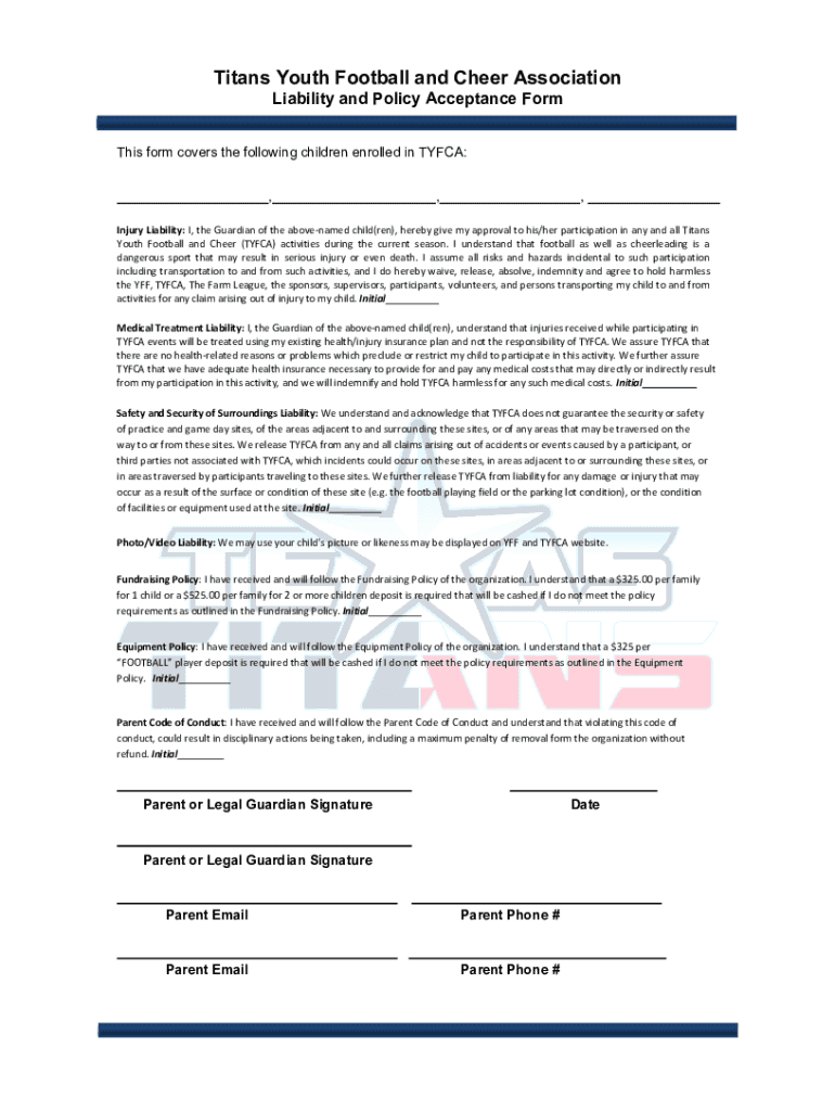 Fillable Online Football/Cheerleading Liability and Policy Acceptance ...