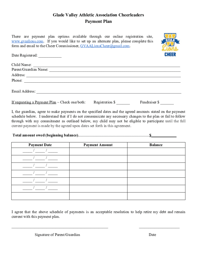 Fillable Online Glade Valley Athletic Association Cheerleaders Payment Plan Fax Email Print ...