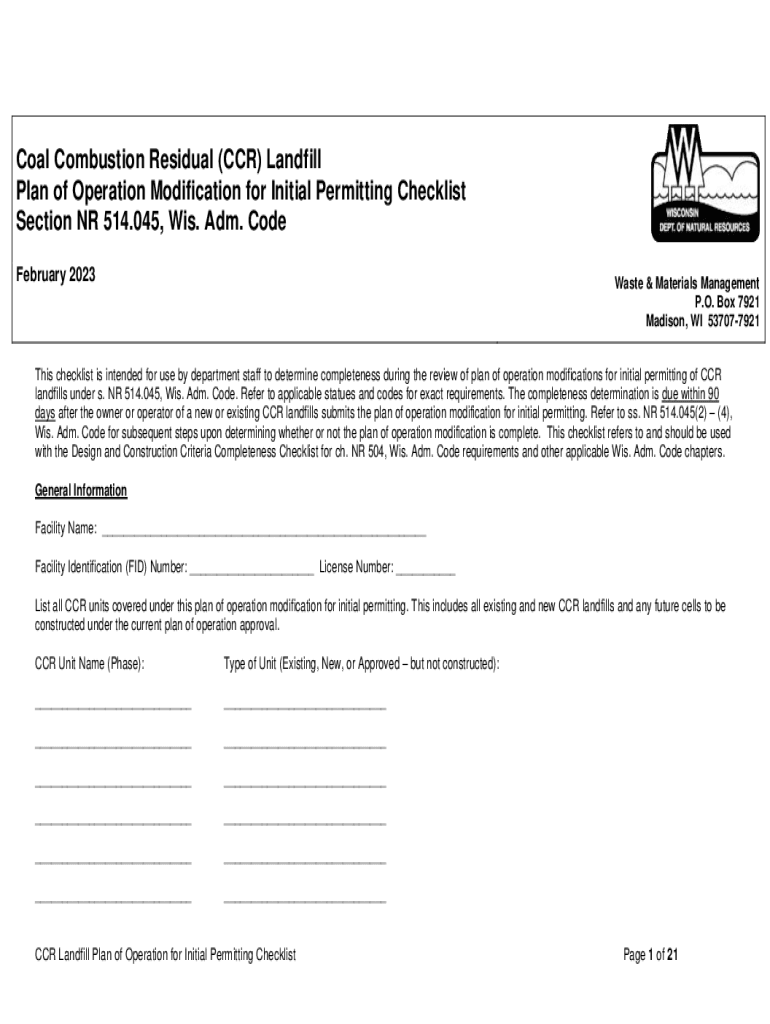 Fillable Online dnr wisconsin CCR Initial Permitting Checklist. Outline ...