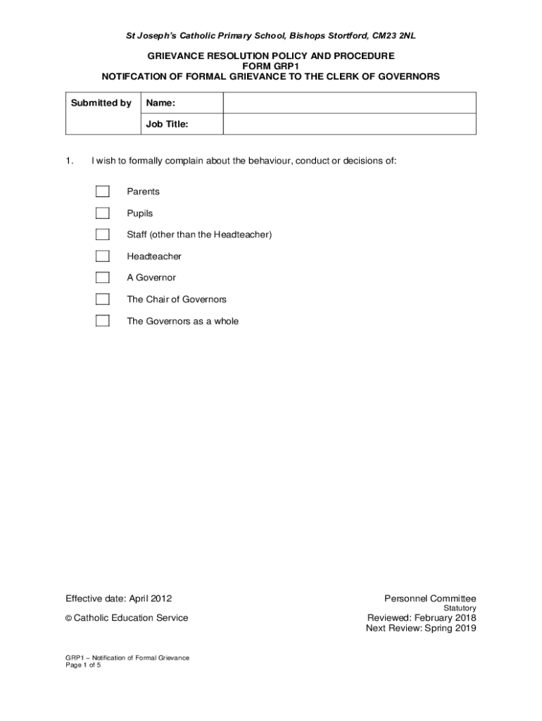 Fillable Online grievance resolution policy and procedure form grp1 ...