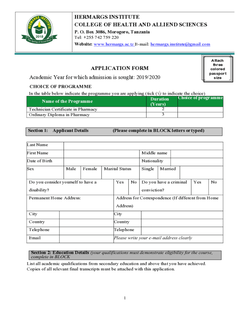 Fillable Online APPLICATION FORM Academic Year for which admission ... Fax Email Print - pdfFiller