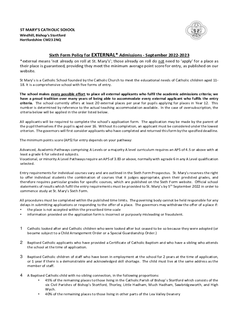 Fillable Online Sixth Form Policy for EXTERNAL* Admissions Fax Email ...