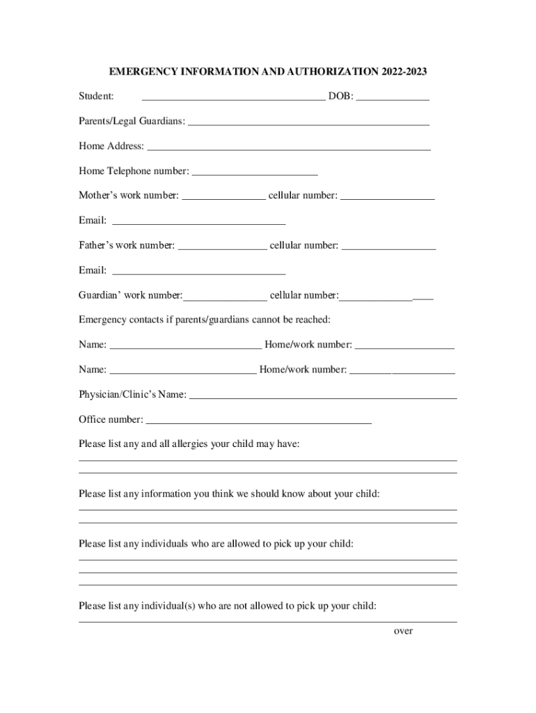 Fillable Online EMERGENCY INFORMATION AND AUTHORIZATION Fax Email Print ...