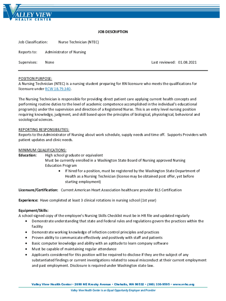 Fillable Online JOB DESCRIPTION Job Classification: Nurse Technician ...