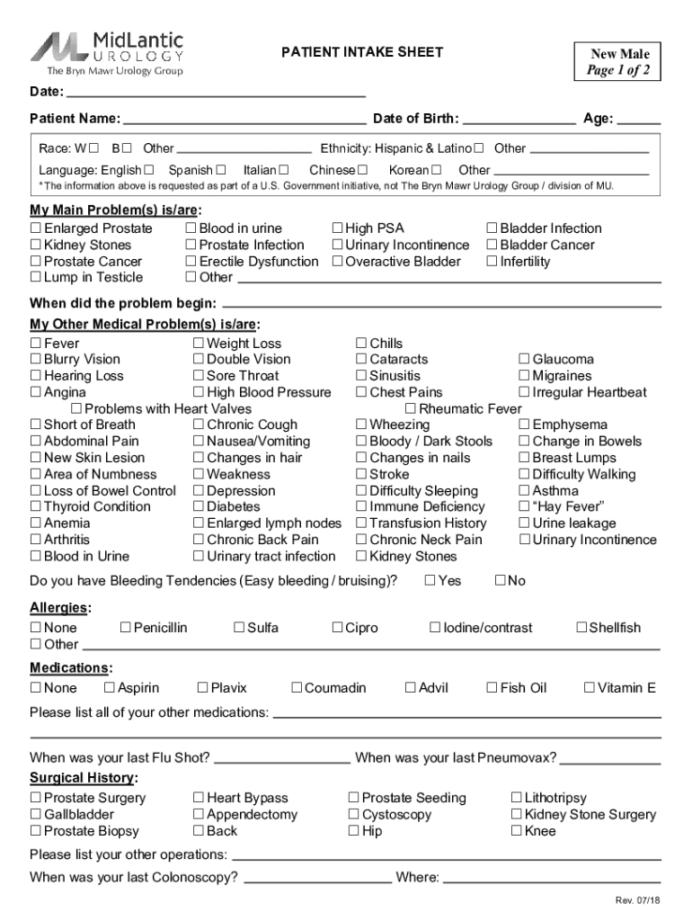 Fillable Online Midlantic Bryn Mawr Patient Intake Form New Male Page 1 ...