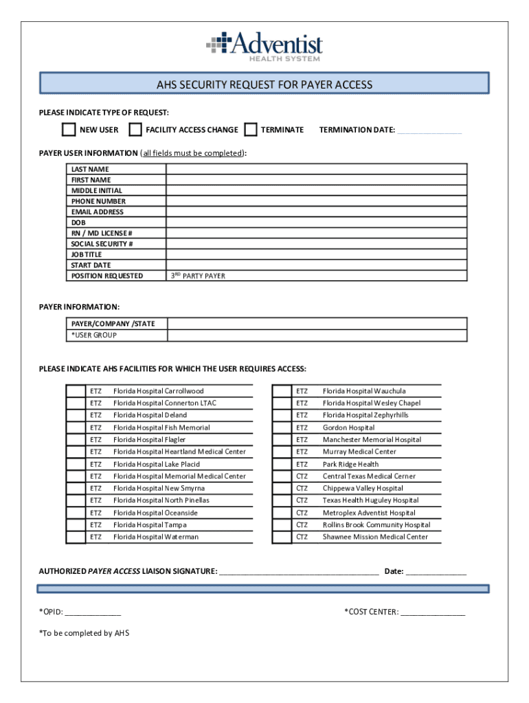 Fillable Online AHS SECURITY REQUEST FOR PAYER ACCESS Fax Email Print ...