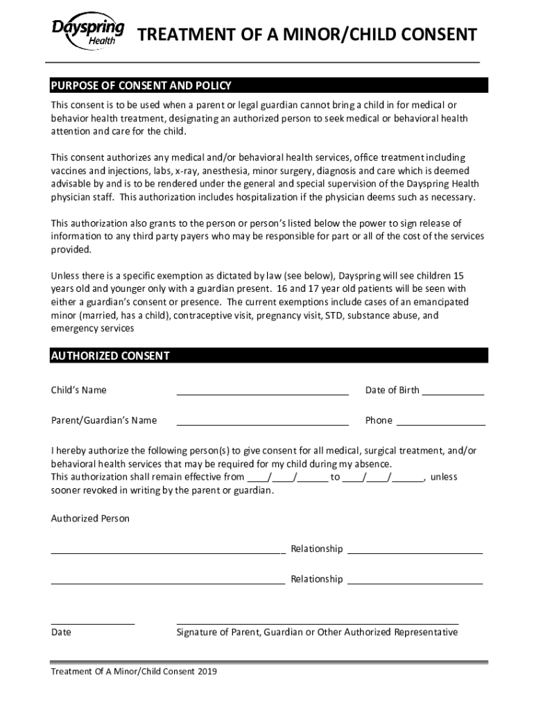 Fillable Online TREATMENT OF A MINOR/CHILD CONSENT Fax Email Print ...