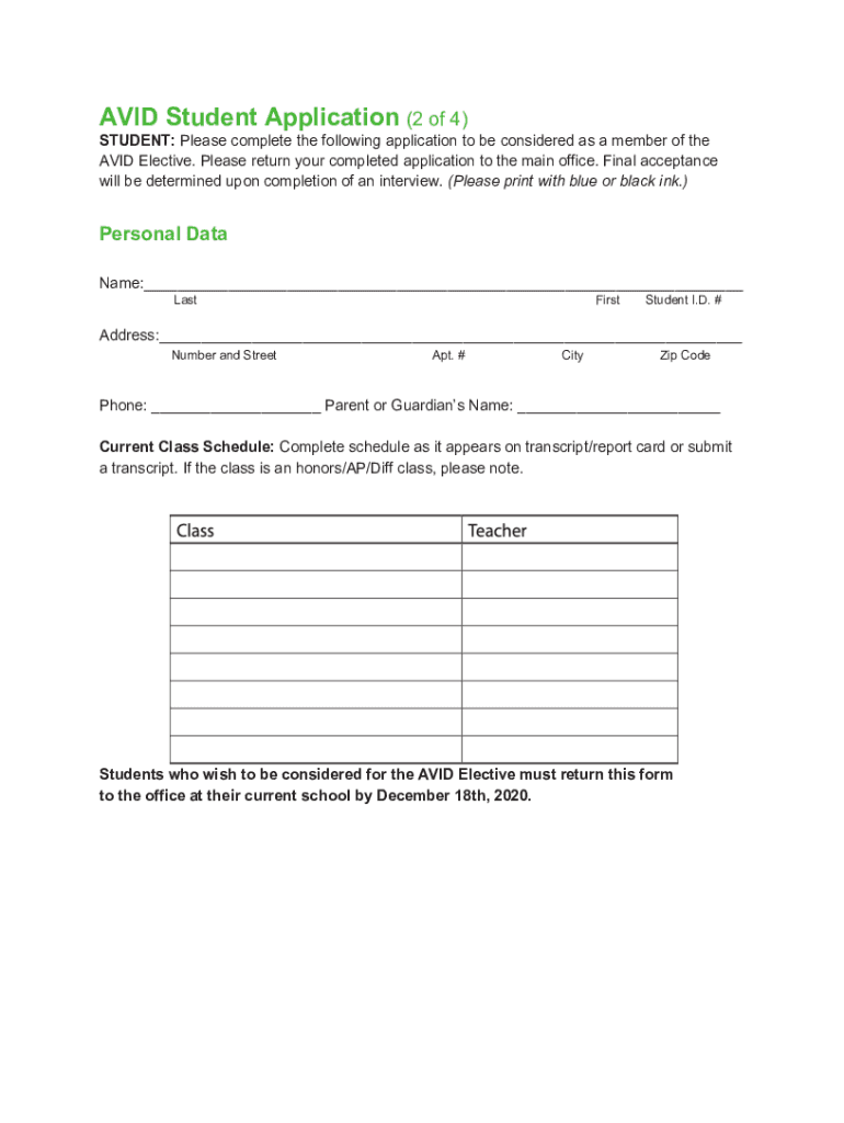 Fillable Online AVID Student Application (1 of 4) Fax Email Print ...