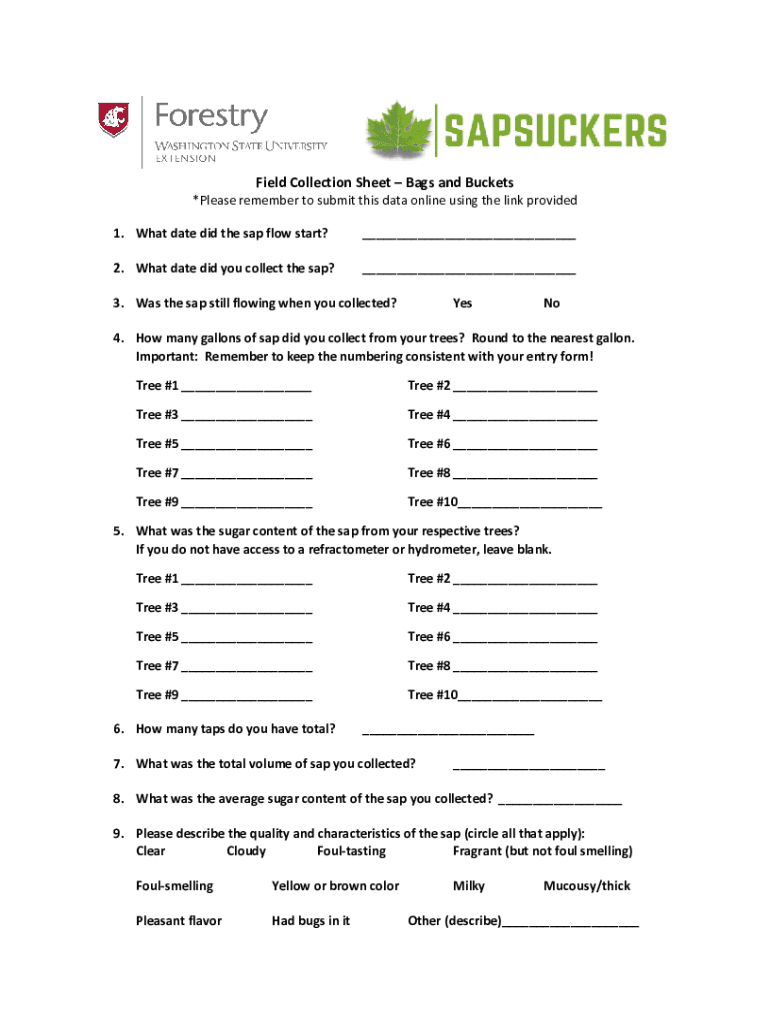 Fillable Online Field Collection Sheet Bags and Buckets Fax Email Print - pdfFiller