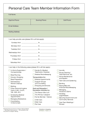Fillable Online Personal Care Team Member Information Form Fax Email ...