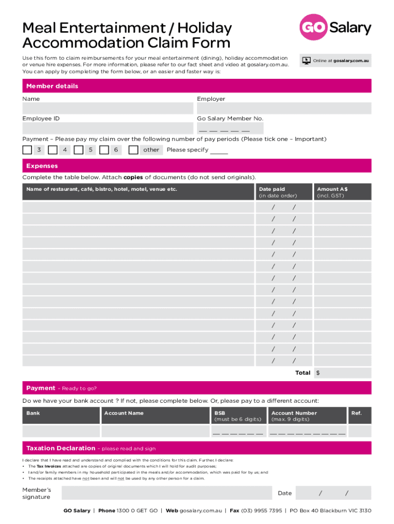 Fillable Online Meal Entertainment / Holiday Accommodation Claim Form ...