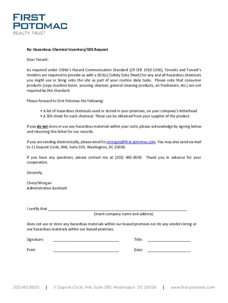 Fillable Online Hazardous Chemical Inventory/SDS Request Dear Tenant ...