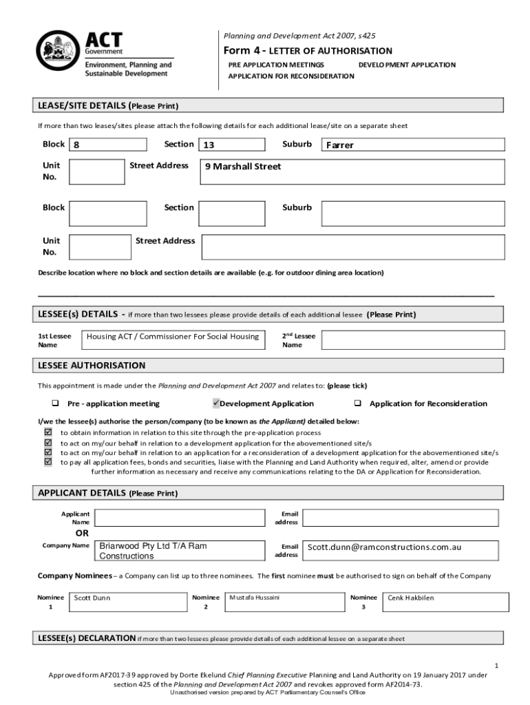 Fillable Online Form 4 - LETTER OF AUTHORISATION LEASE/SITE ... Fax Email Print - pdfFiller