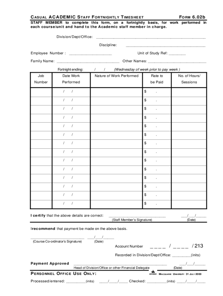 Fillable Online Casual Academic Staff Fortnightly Timesheet Form Fax Email Print - pdfFiller