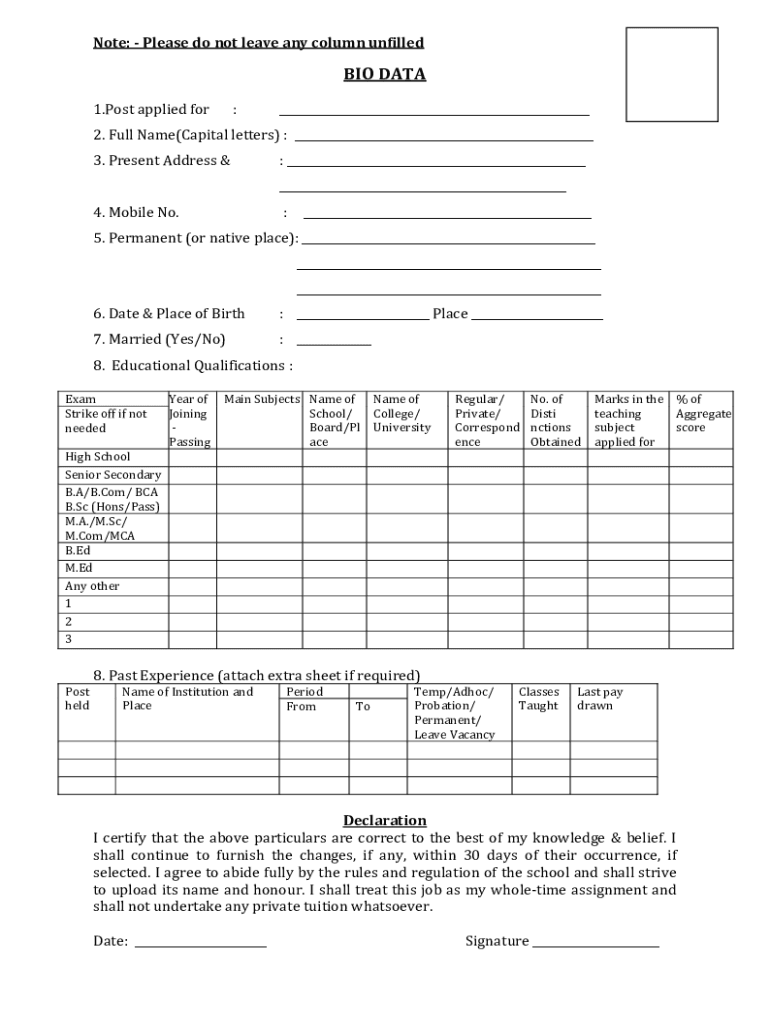 Fillable Online BIO - DATA FORM Fax Email Print - pdfFiller