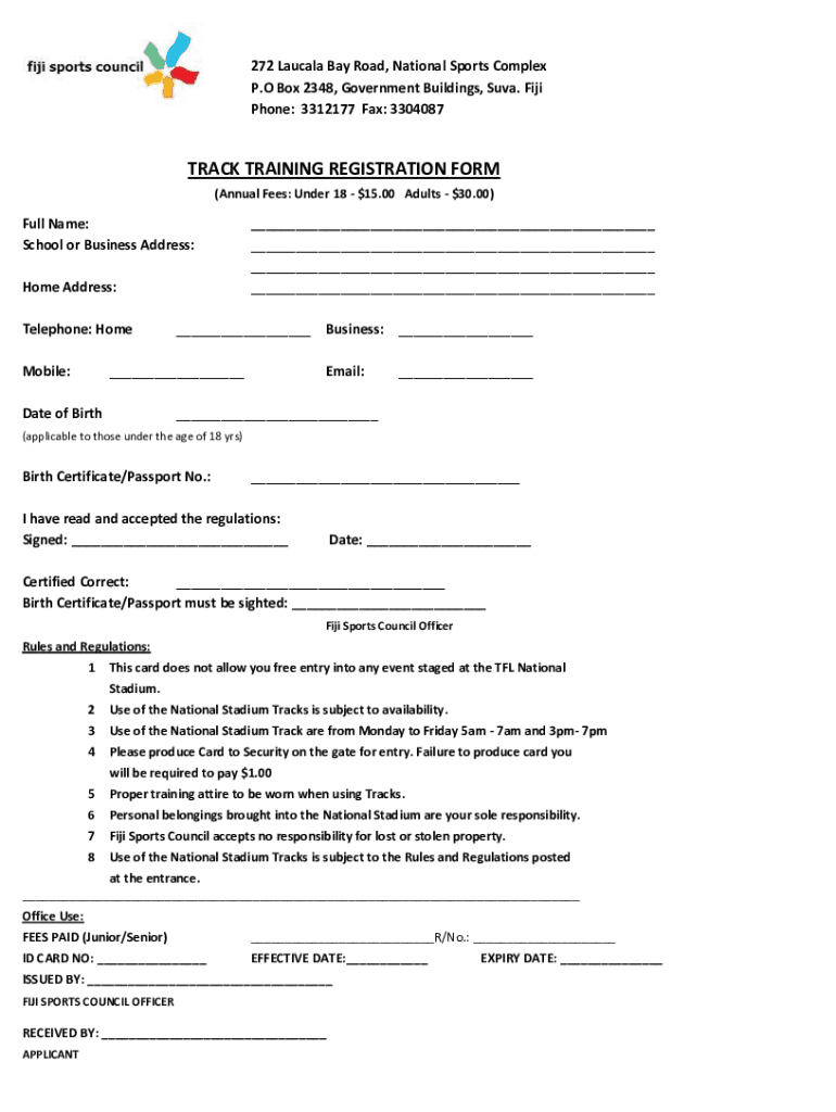Fillable Online TFL National Stadium Track Training Registration Form ...