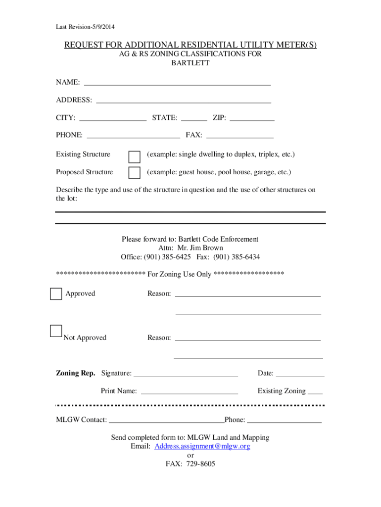Fillable Online REQUEST FOR ADDITIONAL UTILITY METER-(Bartlett)-Revised ...