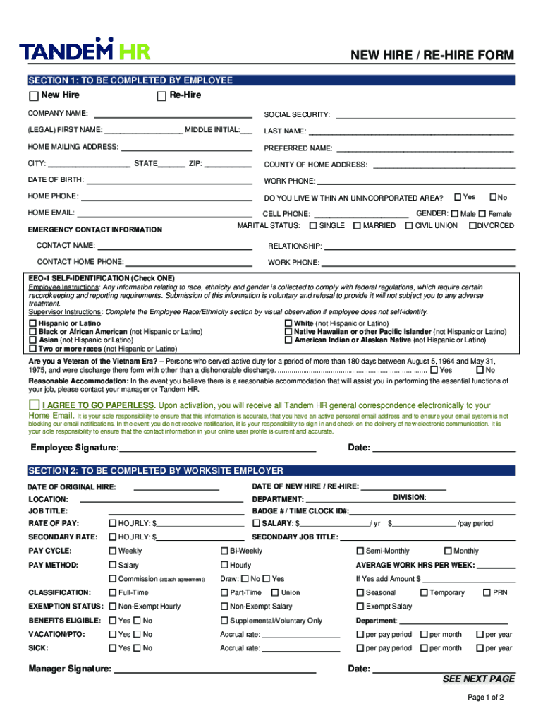 Fillable Online NEW HIRE / RE-HIRE FORM Fax Email Print - pdfFiller
