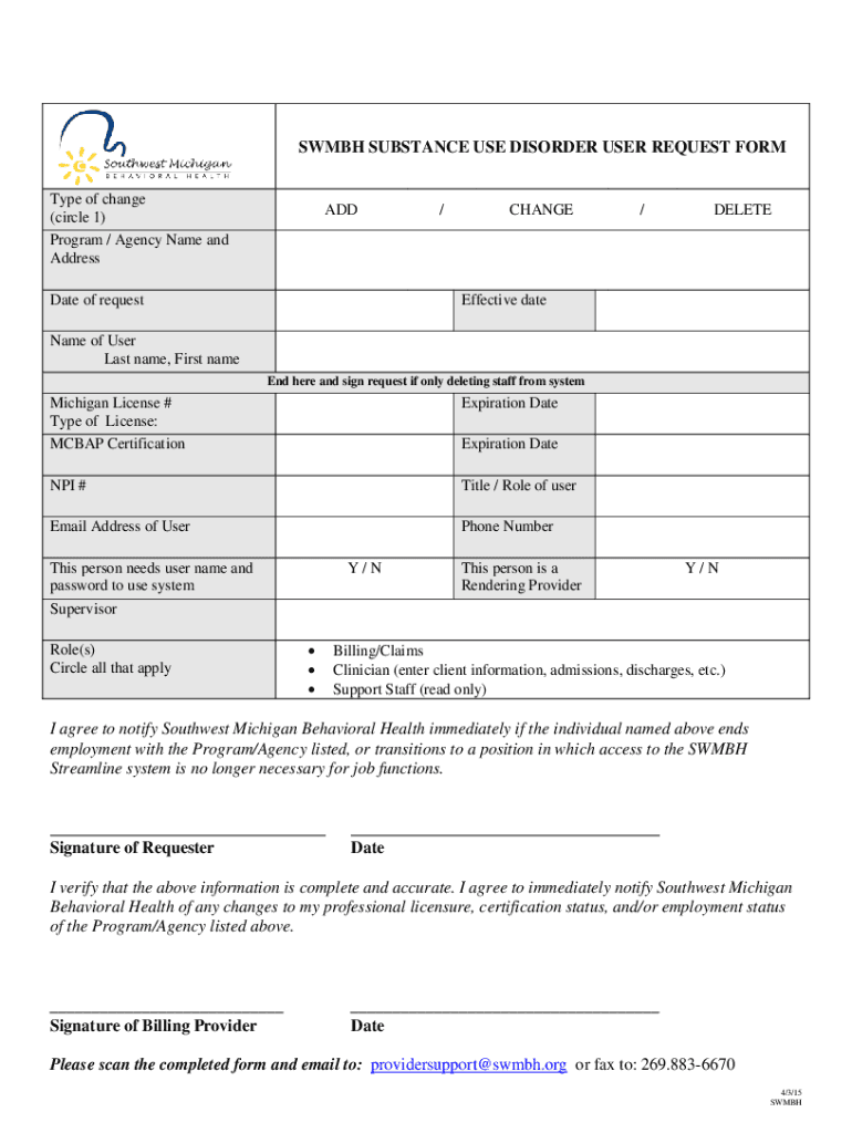 Fillable Online SWMBH SUBSTANCE USE DISORDER USER REQUEST FORM Fax ...
