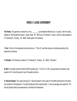Fillable Online Weekly Lease Agreement Fax Email Print - pdfFiller
