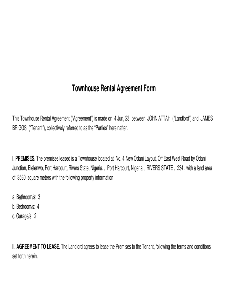 Fillable Online Townhouse Rental Agreement Form Fax Email Print - pdfFiller