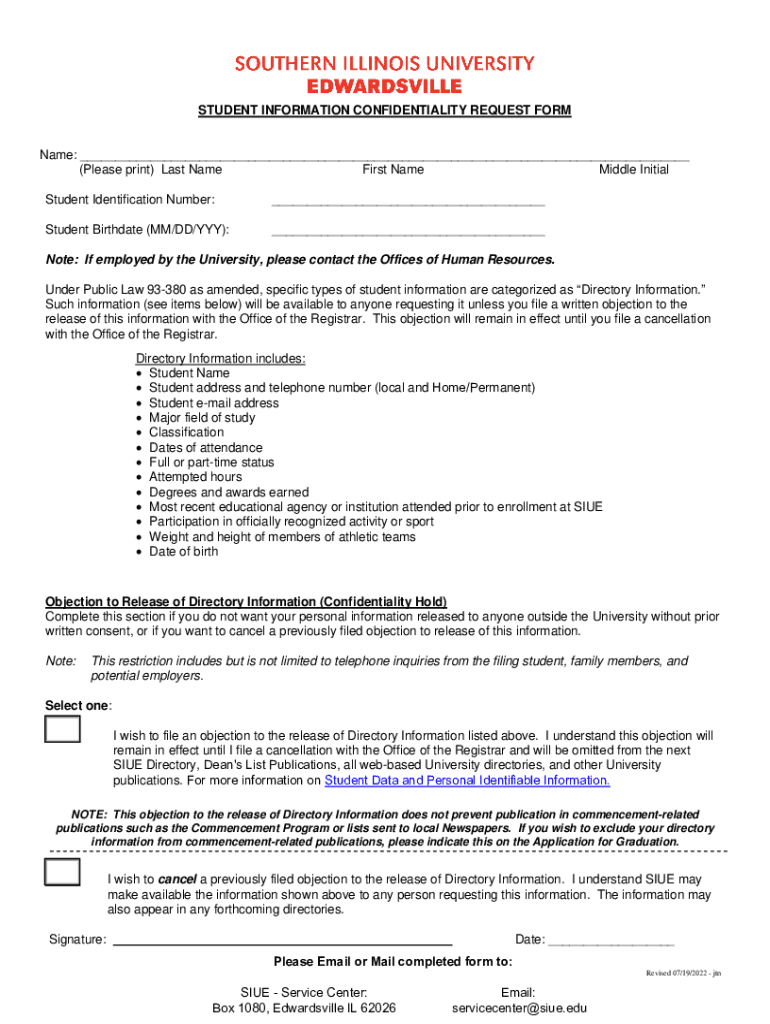 Fillable Online student information confidentiality request form Fax ...