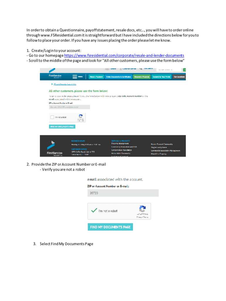 Fillable Online In order to obtain a Questionnaire, payoff statement, resale ... Fax Email Print ...