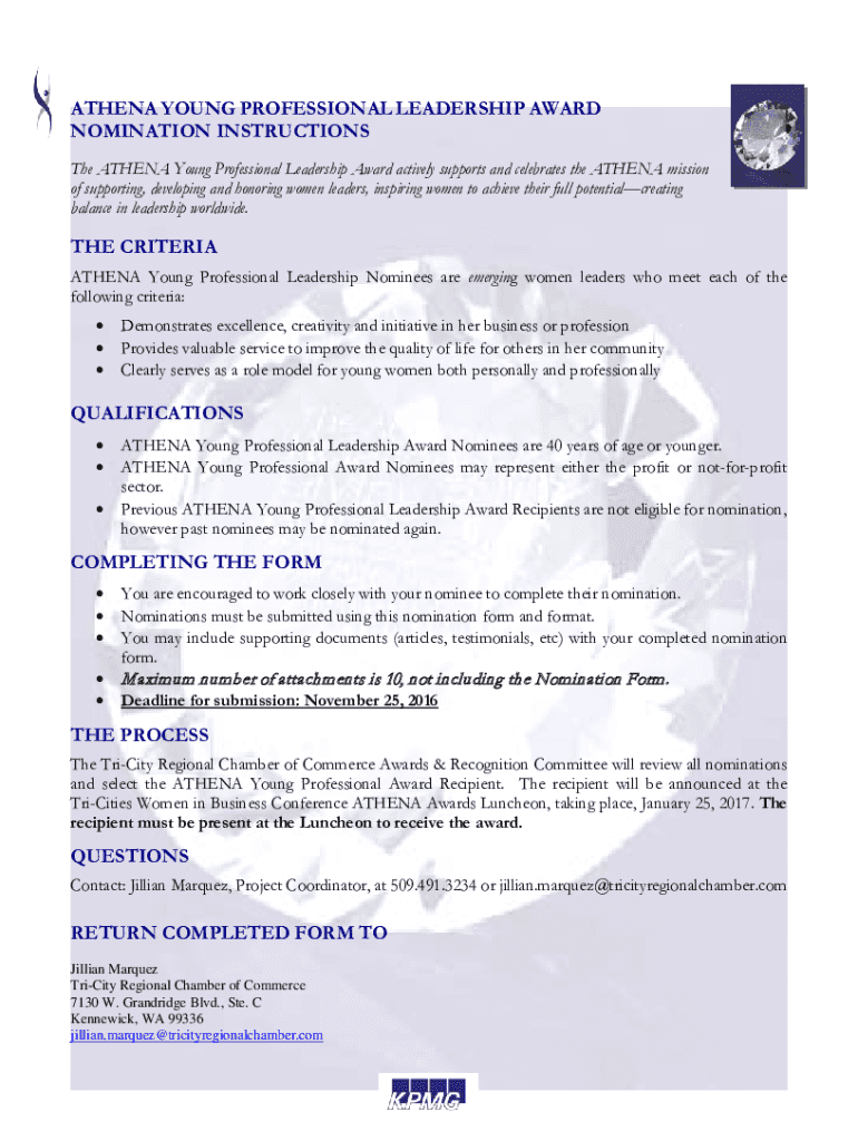 Fillable Online ATHENA Young Professional Leadership Award nomination ...