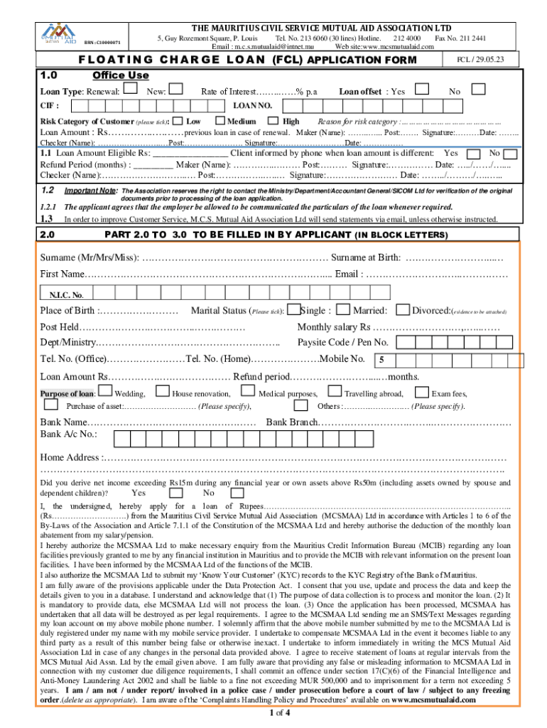 Fillable Online FLOATING CHARGE LOAN (FCL) APPLICATION FORM Fax Email Print - pdfFiller