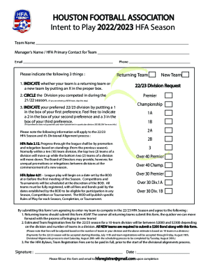 Fillable Online HFA 22-23 Season HFA RETURNING TEAM Intent to Play Fax ...