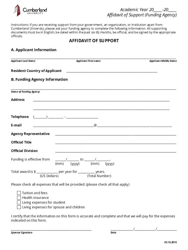 Fillable Online Affidavit of Support (Funding Agency) Fax Email Print ...