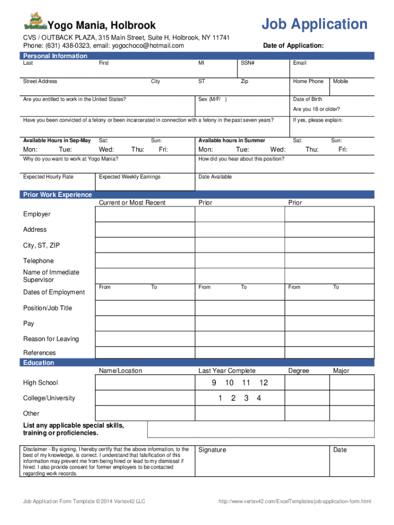 Fillable Online Job Application at Yogomania Fax Email Print - pdfFiller