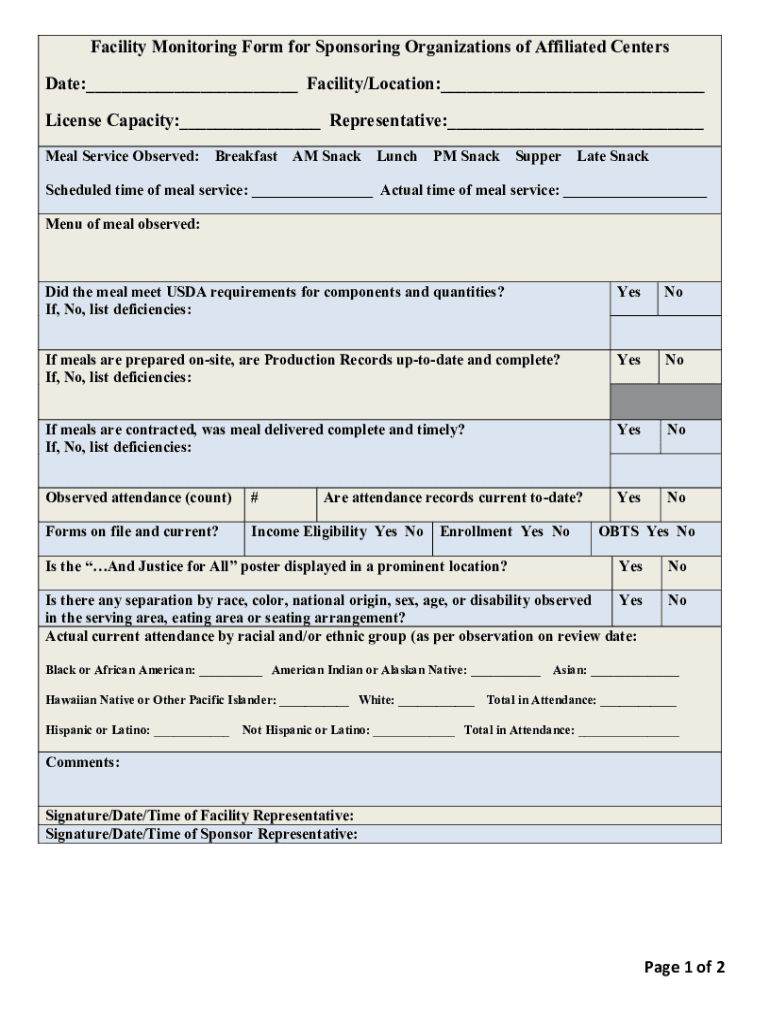 Fillable Online dhs arkansas Facility Monitoring Form for CACFP ...